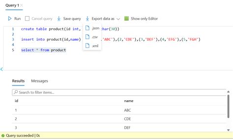 C Using Microsoft Azure Query Editor How Do You Export Data Returned