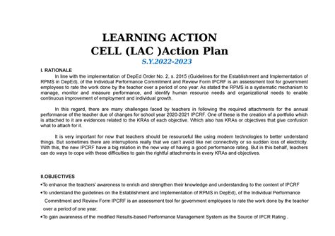 Lac Plan Template ACTION PLAN LEARNING ACTION CELL LAC Action Plan S Y I RATIONALE