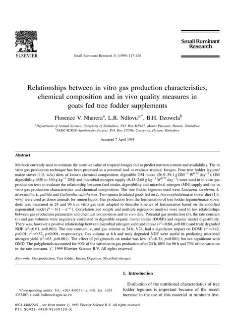 Pdf Relationships Between In Vitro Gas Production Characteristics
