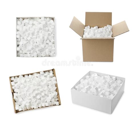 Set With Cardboard Boxes With Styrofoam Cubes On White Background Stock