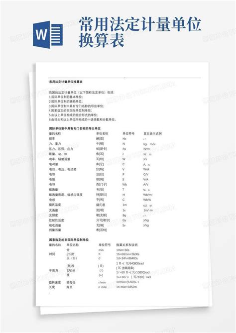 常用法定计量单位换算表word模板下载 编号ldjjdzpw 熊猫办公