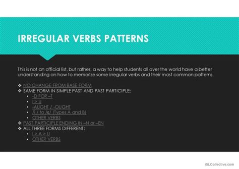Irregular Verbs Patterns Charts Gene English Esl Powerpoints