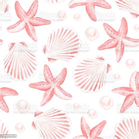 조개와 불가사리 원활한 패턴 수채화 그림입니다 흰색 배경에 격리되어 있습니다 가리비에 대한 스톡 벡터 아트 및 기타 이미지