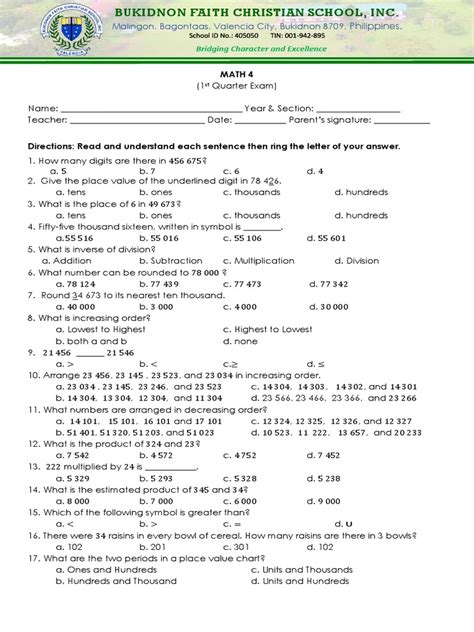 Math 4 Exam Pdf Multiplication Elementary Mathematics