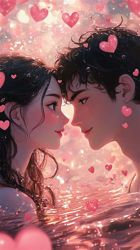 Влюбленная пара в аниме стиле магия любви и романтики вокруг них в