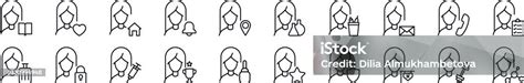 여성 사용자의 라인 아이콘 항목별 팩입니다 편집 가능한 획 웹 사이트 신문 기사 책에 대한 간단한 개요 기호 검색에 대한 스톡 벡터 아트 및 기타 이미지 Istock