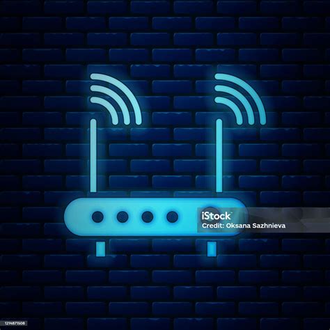 빛나는 네온 라우터와 와이파이 신호 기호 아이콘 벽돌 벽 배경에 격리 무선 이더넷 모뎀 라우터 컴퓨터 기술 인터넷 벡터