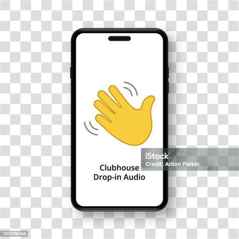 클럽 하우스는 스마트 폰 화면에 응용 프로그램을 초대합니다 노란색 흔들리는 손 제스처 아이콘 투명 한 배경에 휴대 전화 벡터 3차원 형태에 대한 스톡 벡터 아트 및 기타