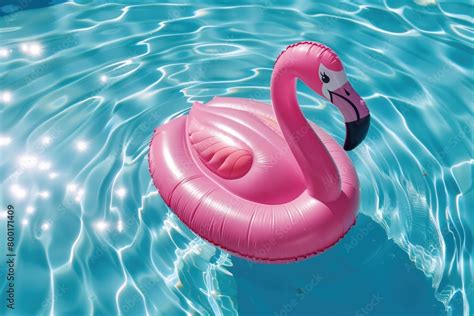 Inflatable Pink Flamingo Lilo In Swimming Pool With Rippling Water