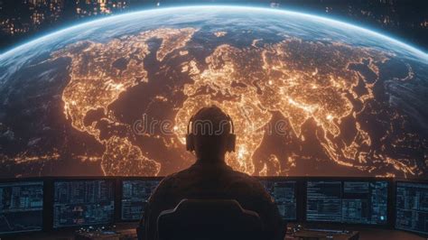 Person Watches Glowing World Map From Control Room With Many Screens Concept Awareness