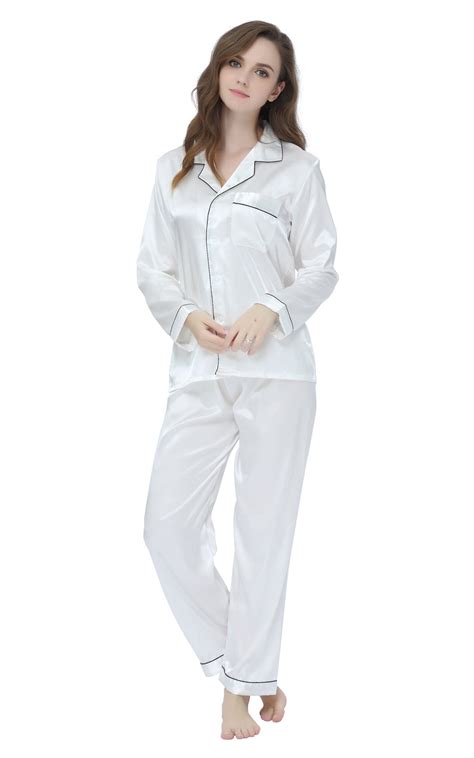 Womens Silk Satin Pajama Set Long Sleeve White With Black Piping