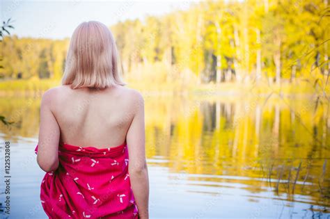 Nude Girl In Sedge Young Blonde Woman With Bare Breasts Wrapped In A