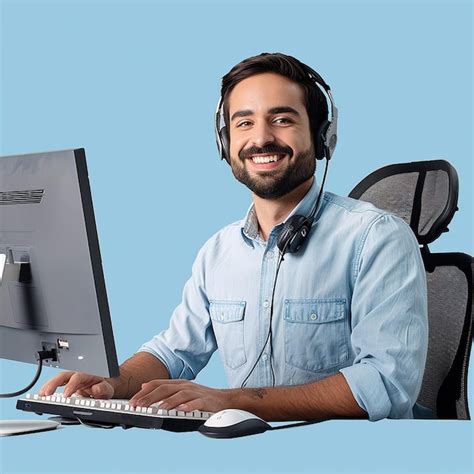 Premium Photo Smiling Customer Support Man Typing On Computer