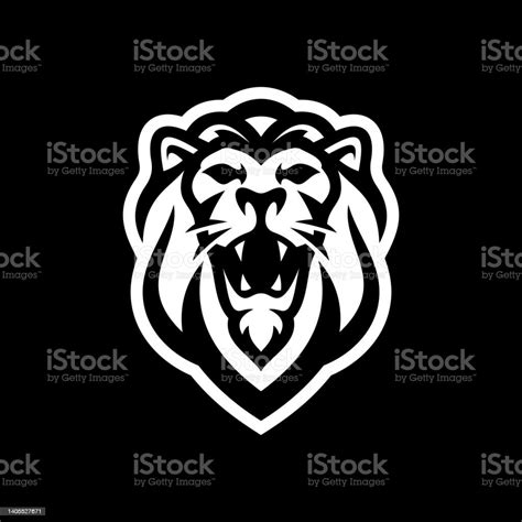 화가 나는 사자 머리 라인 아트 또는 실루엣 로고 디자인 어두운 배경에 사자 얼굴 벡터 일러스트 레이 션 갈기에 대한 스톡 벡터