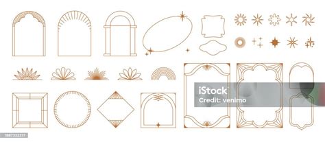 간단한 선형 스타일의 디자인 요소 및 일러스트레이션 벡터 세트 Boho 아치 및 테두리 로고 디자인 요소 및 소셜 미디어 스토리 및 게시물 인쇄물 및 포스터 요소에 대한