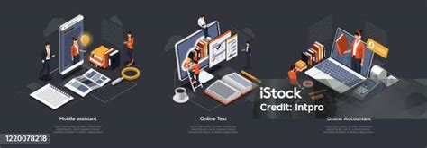 아이소메트릭 3d 온라인 테스트 회계사 및 모바일 어시스턴트 고객 온라인 지원 테스트 및 교육 전문 전문가는 온라인 및 원격으로 서비스를 제공합니다 벡터 일러스트레이션 세트