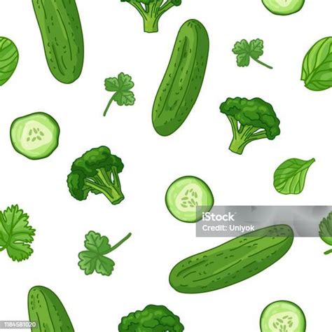 원활한 디자인 식품 녹색 패턴 야채 유기농 음식과 배경 화면 오이 브로콜리 파슬리가 있는 패브릭과 직물 디자인의 배경 자연