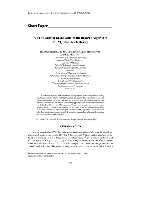 PDF A Tabu Search Based Maximum Descent Algorithm For VQ Codebook Design