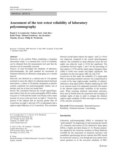 Pdf Assessment Of The Test Retest Reliability Of Laboratory Polysomnography