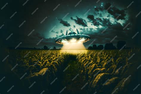 Ovni Pairando Sobre O Campo De Milho Na Noite Estrelada Com Amplo Feixe