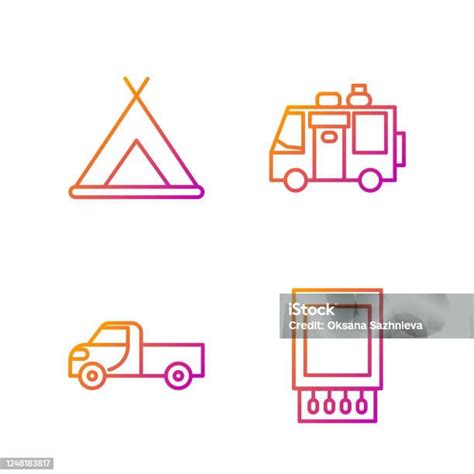 세트 라인 성냥갑과 성냥 픽업 트럭 관광 텐트와 Rv 캠핑 트레일러를 엽니 다 그라데이션 색상 아이콘입니다 벡터 Emergency Shelter에 대한 스톡 벡터 아트 및