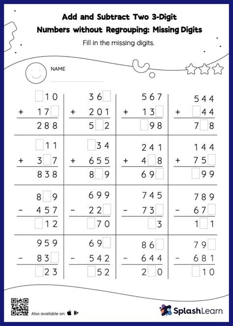 add and subtract two 3 digit numbers without regrouping missing digits