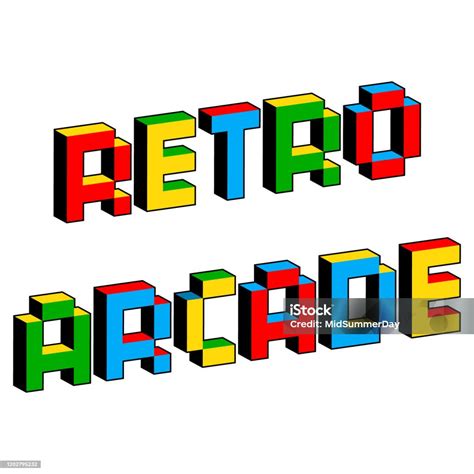 오래된 8 비트 비디오 게임의 스타일의 복고풍 아케이드 텍스트 생생한 다채로운 3d 픽셀 편지 창조적 인 디지털 벡터 포스터