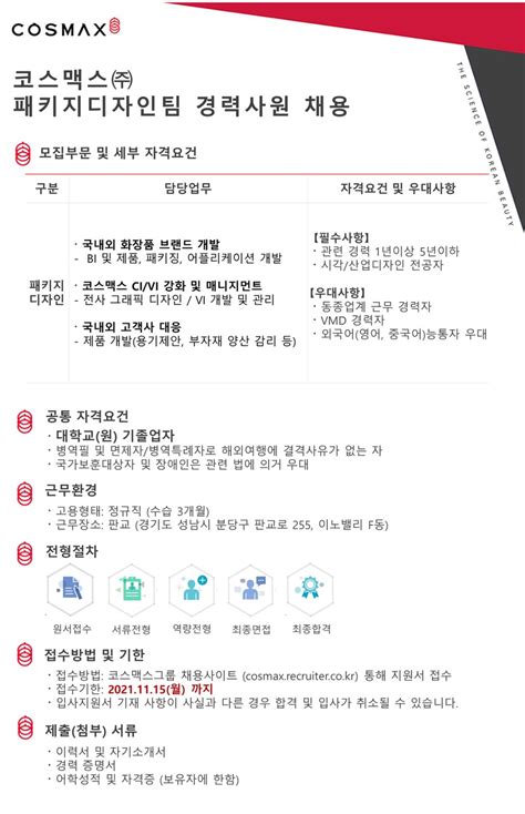 코스맥스 채용공고 패키지디자인팀 경력사원 채용 2021년 채용