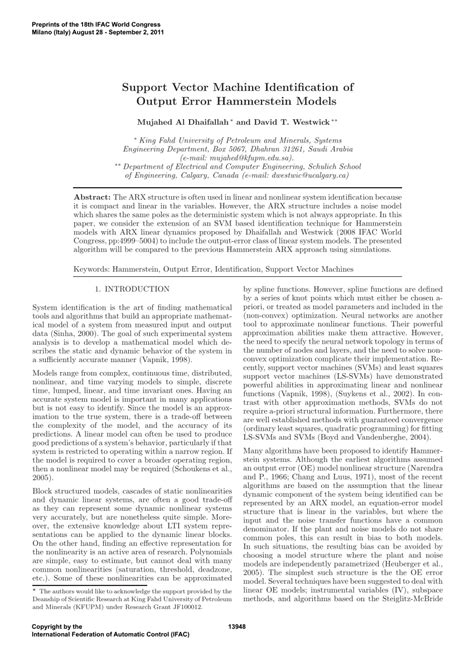Pdf Support Vector Machine Identification Of Output Error Hammerstein