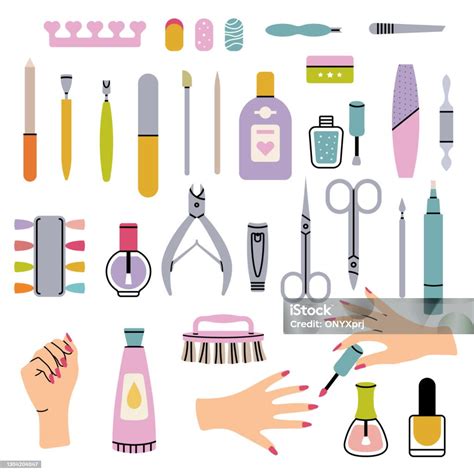 매니큐어 살롱 아이템 여성 헤어 스타일 핀셋 벡터 컬렉션을위한 미용실에서 폴란드어 손톱 페디큐어 도구 매니큐어 미용술에 대한 스톡 벡터 아트 및 기타 이미지 Istock