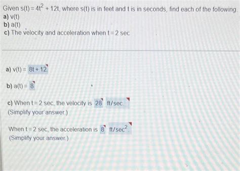 solved given s t 4t2 12t where s t is in feet and t is in