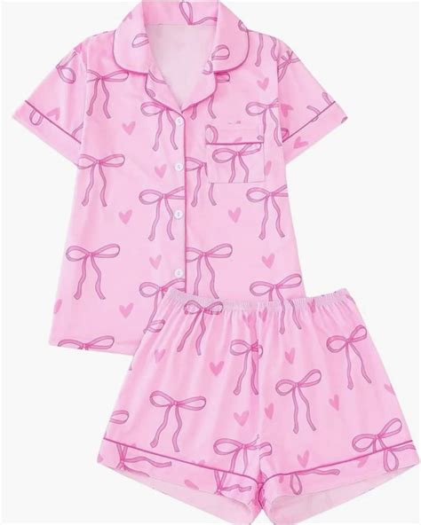 Light Pink And Magenta Bow Pajama Set Womens In 2025 Cute Outfits