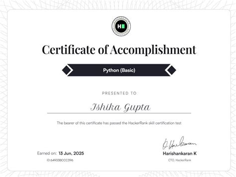 Just Earned The Hackerrank Python Basic Certificate Ishika Gupta