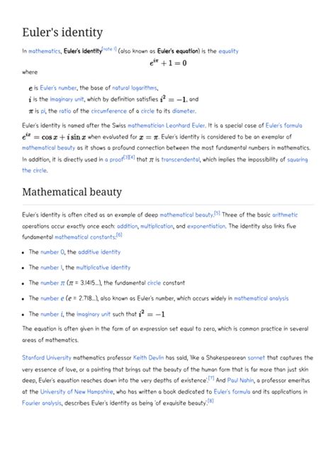 Eulers Identity Wikipedia Pdf Complex Number Numbers