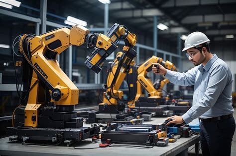 Premium Ai Image Engineer Manager Checking And Controling Automation Robot Arms Machine In