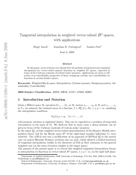 Pdf Tangential Interpolation In Weighted Vector Valued Hp Spaces