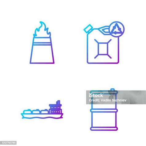 세트 라인 배럴 오일 유조선 선박 화재 및 에코 연료 캐니스터와 석유 굴착 장치 그라데이션 색상 아이콘입니다 벡터 0명에 대한 스톡 벡터 아트 및 기타 이미지 Istock