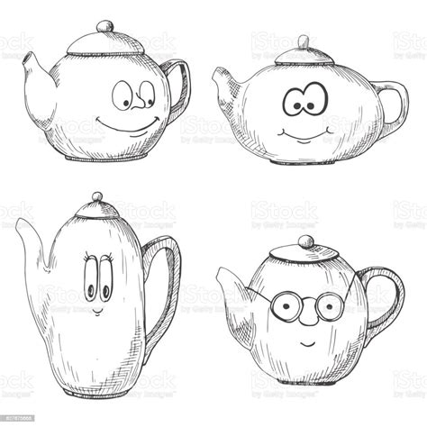 손으로 그린 만화 스타일에서 찻주전자의 집합 벡터 일러스트 스케치 스타일의 Draft Sports에 대한 스톡 벡터 아트 및
