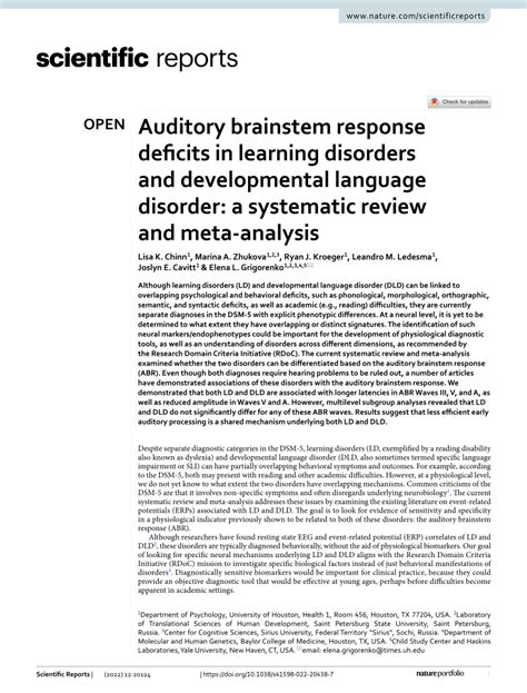 Pdf Auditory Brainstem Response Deficits In Learning Disorders And Developmental Language