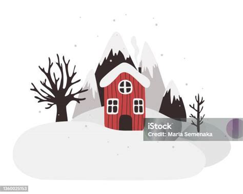 나무와 산에 빨간 집 미니멀 한 스타일로 눈 벡터 그림 어린이를위한 스칸디나비아 스타일로 손으로 그린 겨울 일러스트 섬유 엽서