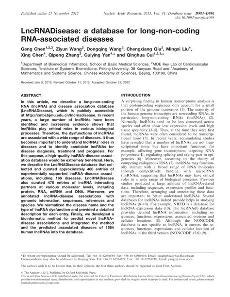 PDF LncRNADisease A Database For Long Non Coding RNA Associated Diseases