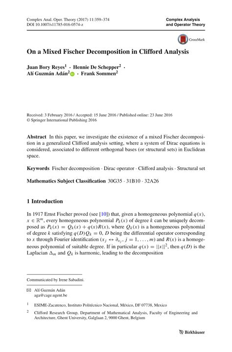 Pdf On A Mixed Fischer Decomposition In Clifford Analysis