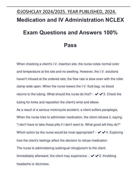 Medication And Iv Administration Nclex Exam Questions And Answers 100