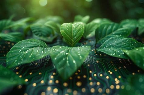 A Digital Illustration Of Green Leaves Growing From An Electronic
