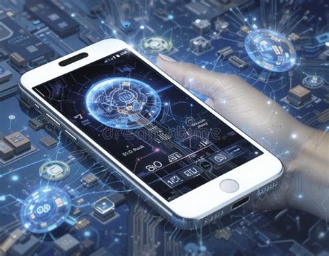 Holding Futuristic Smartphone Displaying Complex Digital Information And Network Connection