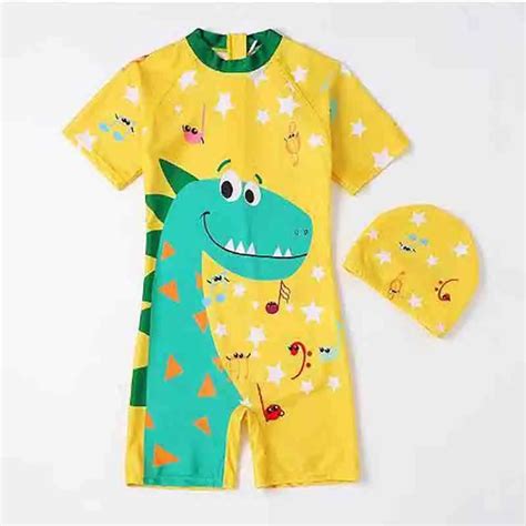 جدیدترین مدل مایو شنا بچه گانه پسرانه با کلاه طرح دایناسور ستاره 100ضد