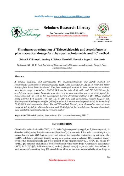 Pdf Scholars Research Library Simultaneous Estimation Of Thiocolchicoside And Aceclofenac In