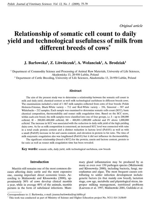Pdf Relationship Of Somatic Cell Count To Daily Yield And