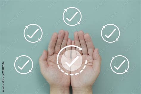 check mark icon on hand concept of correct mark and check mark online