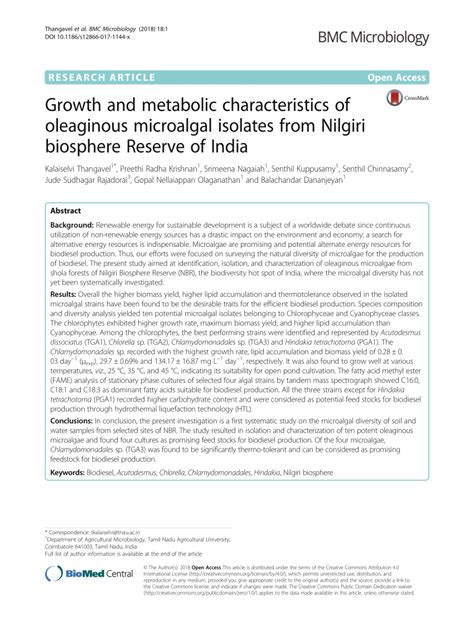 PDF Growth And Metabolic Characteristics Of Oleaginous Microalgal